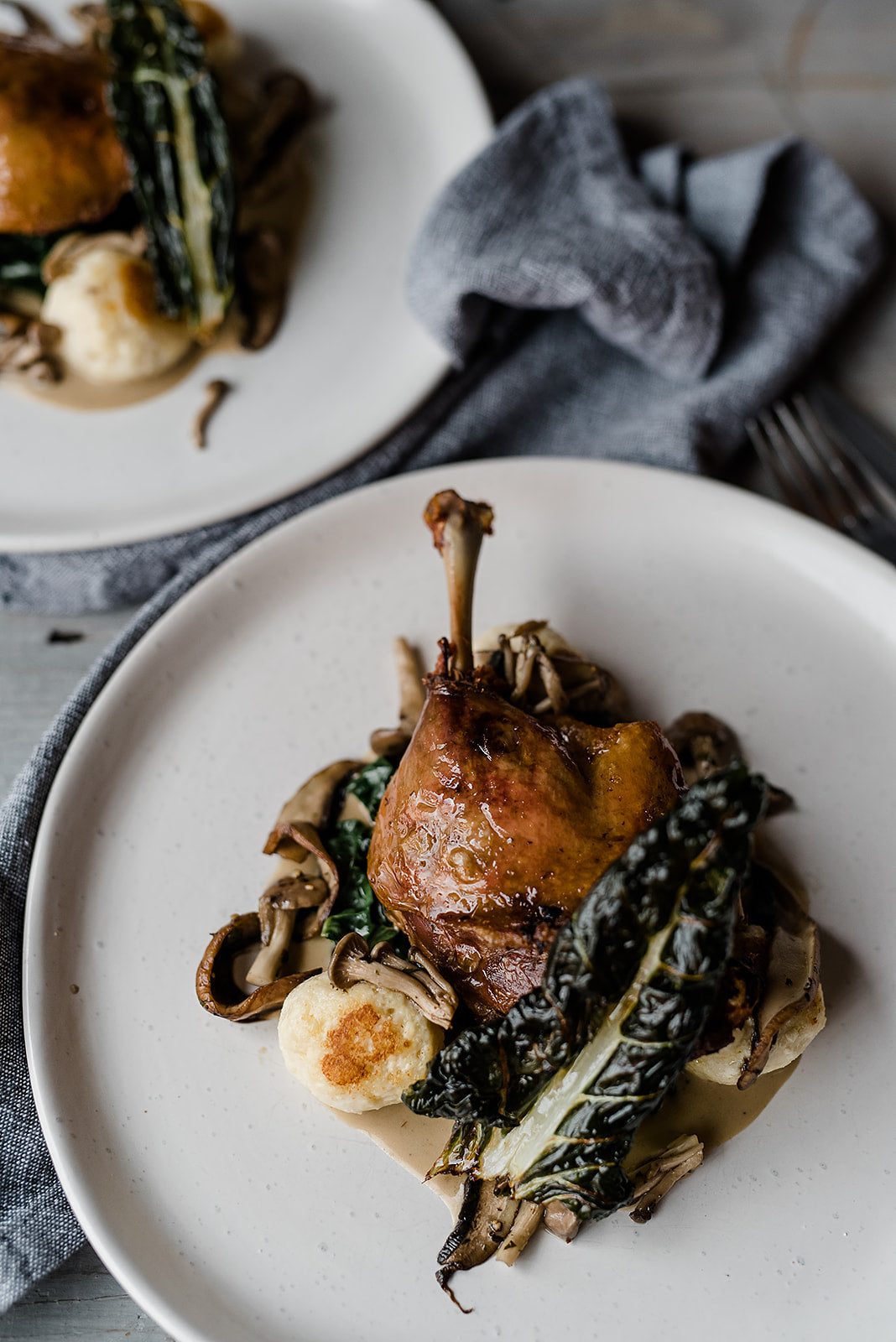 Slow Roasted Duck Leg, Ricotta Gnocchi & Porcini Cream